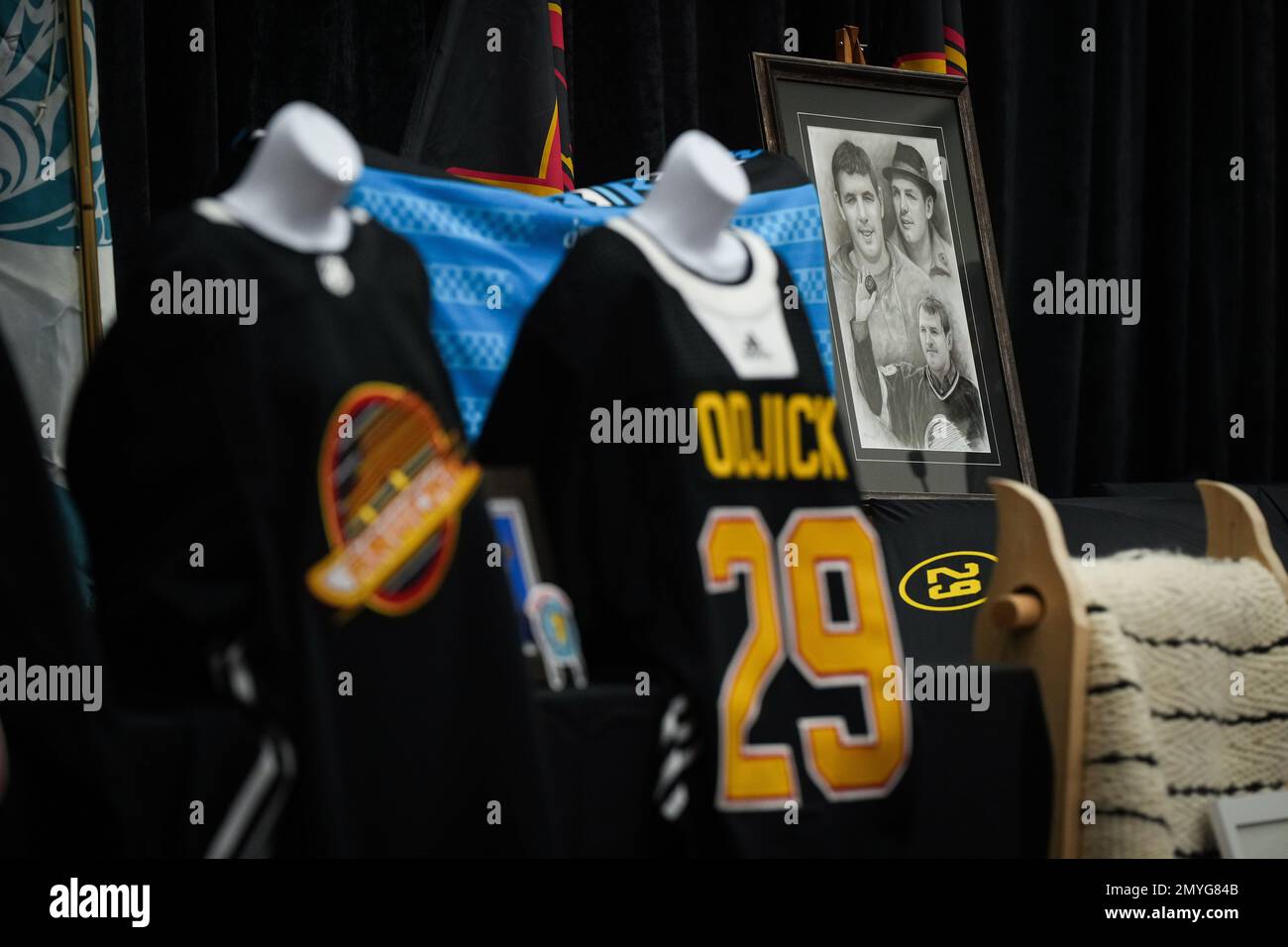 Artwork and memorabilia are displayed during a celebration of life for ...