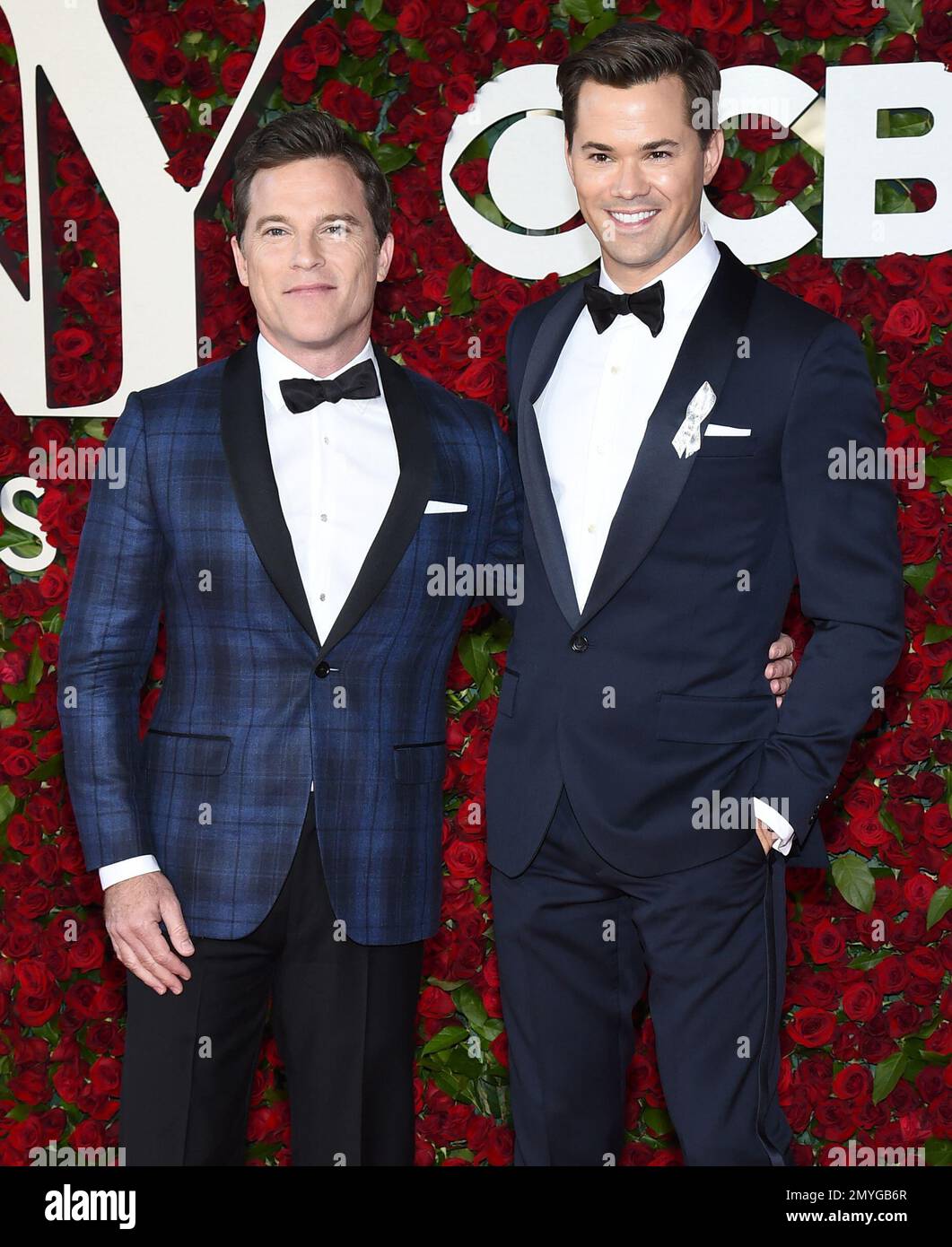 Michael Doyle, left, and Andrew Rannells arrive at the Tony Awards at ...