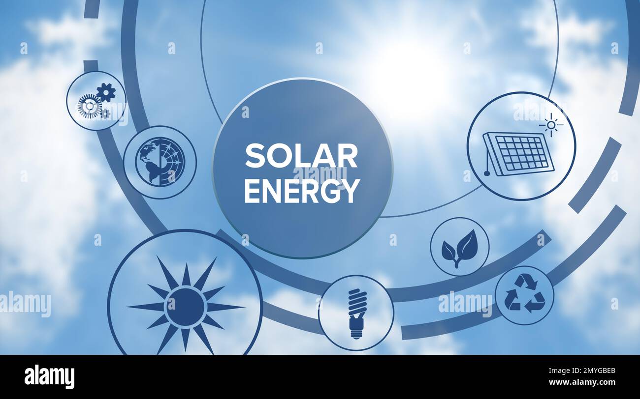 Solar energy concept. Scheme with icons and sky on background Stock ...