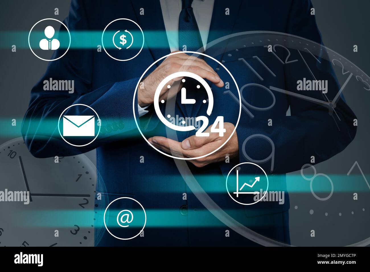 Time management concept. Man with clock surrounded by icons, closeup ...