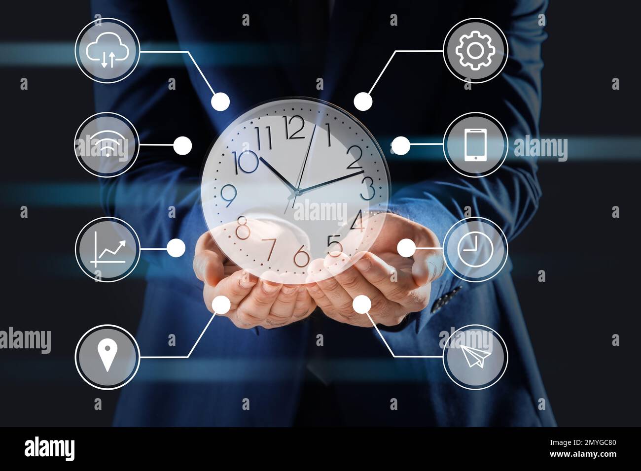 Time management concept. Man with clock surrounded by icons, closeup ...