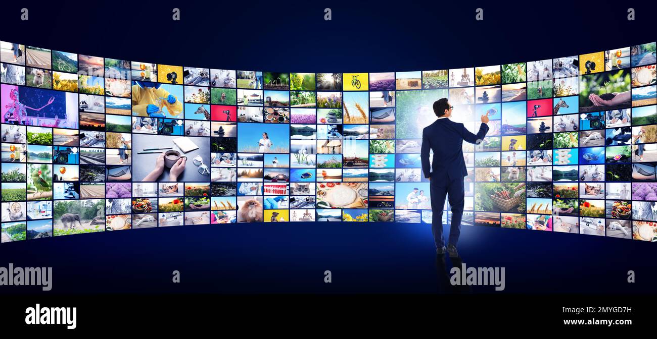 Media library concept. Man using virtual video gallery, banner design ...