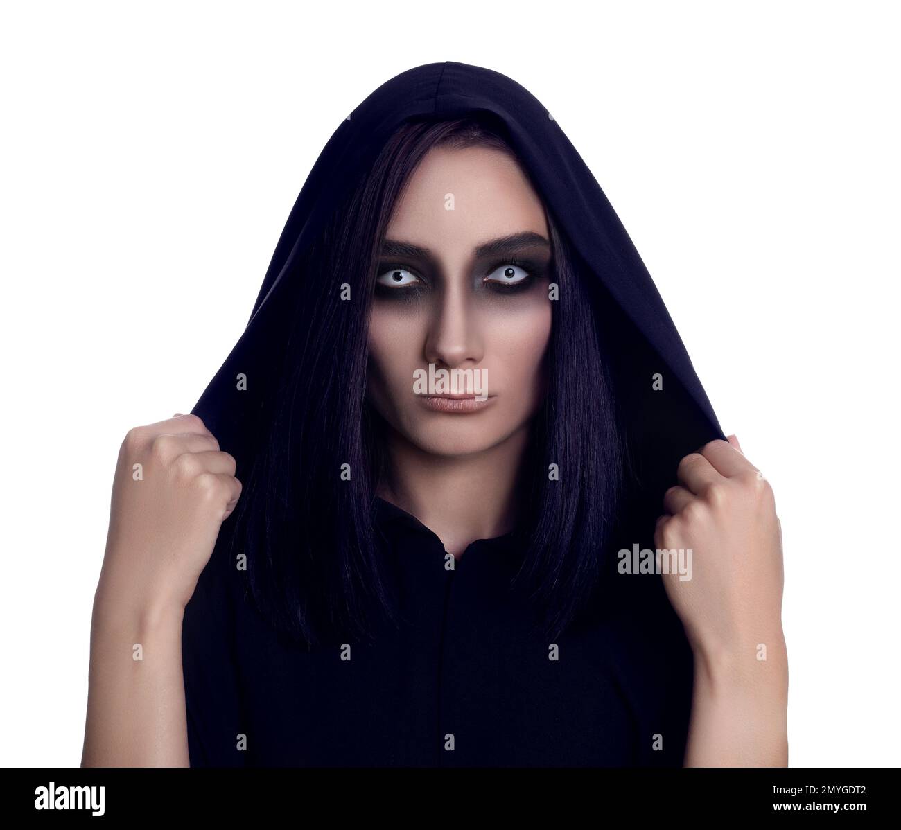 Mysterious witch with spooky eyes on white background Stock Photo - Alamy