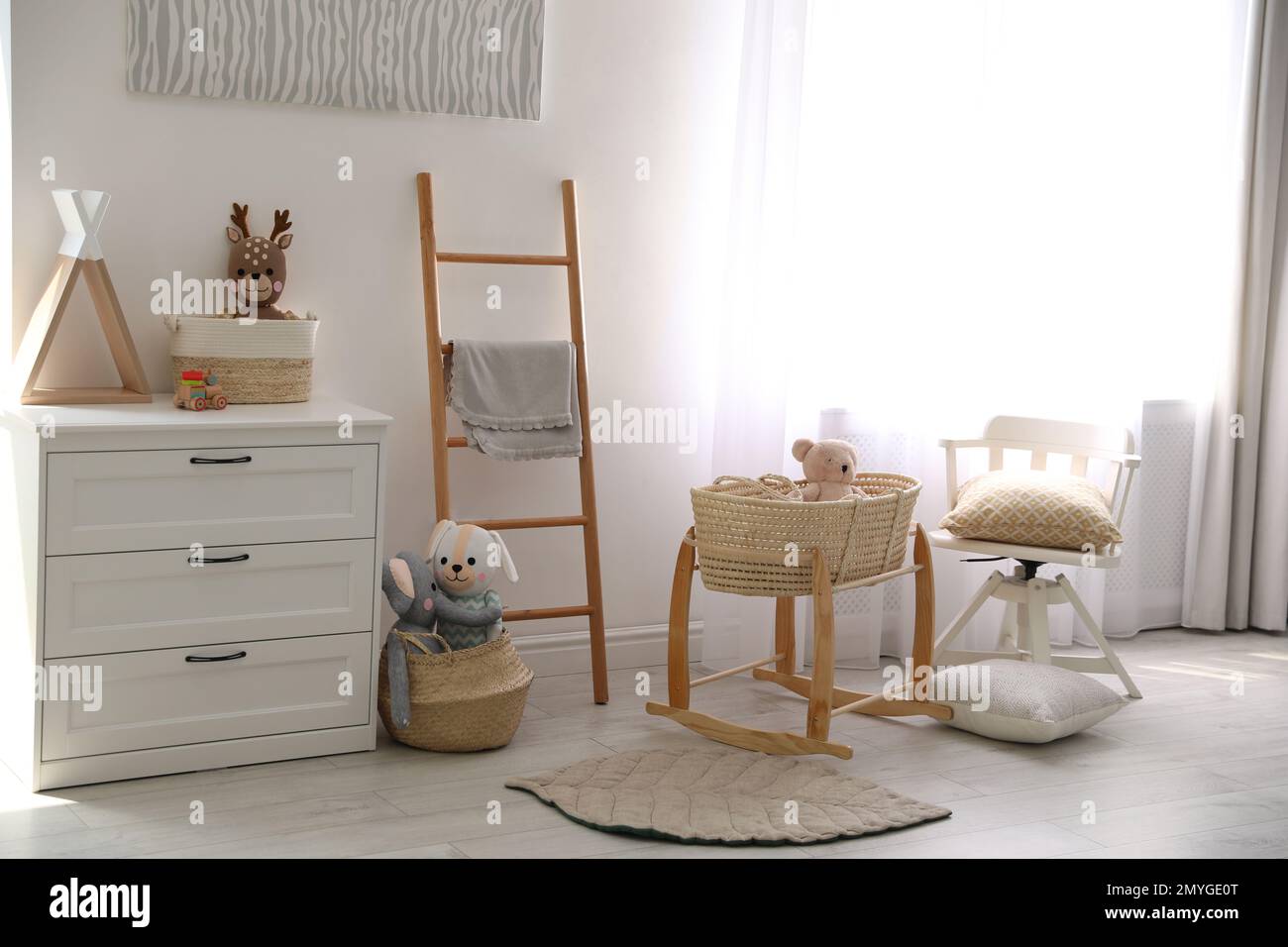 Cute children's room interior with wooden decorative ladder Stock Photo ...