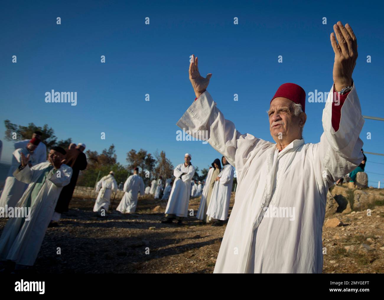 Members of the ancient Samaritan community pray during the holiday of ...