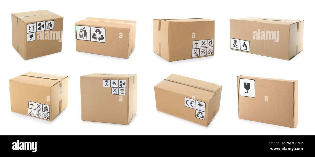 Set of cardboard boxes with packaging symbols on white background ...