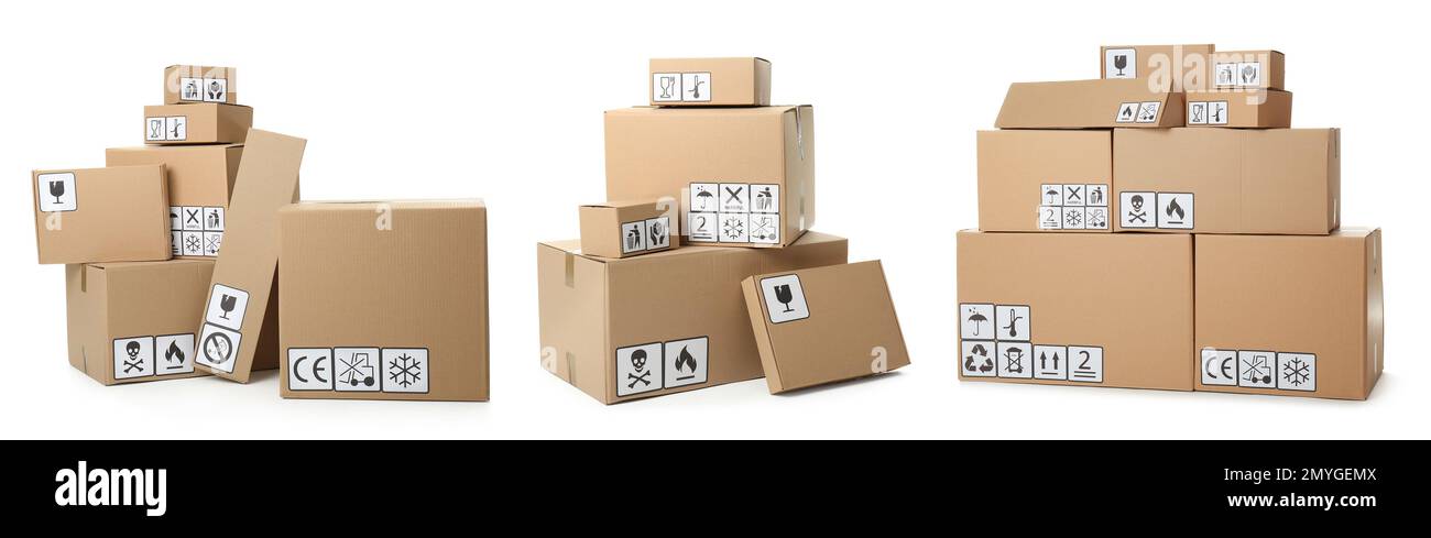 Set of cardboard boxes with packaging symbols on white background ...