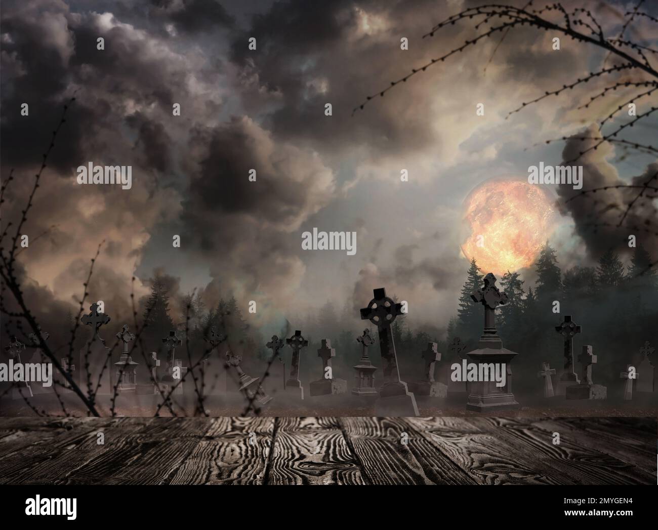 Wooden surface and misty graveyard with old creepy headstones under ...