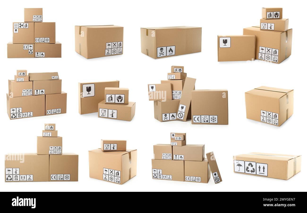 Set of cardboard boxes with packaging symbols on white background Stock ...