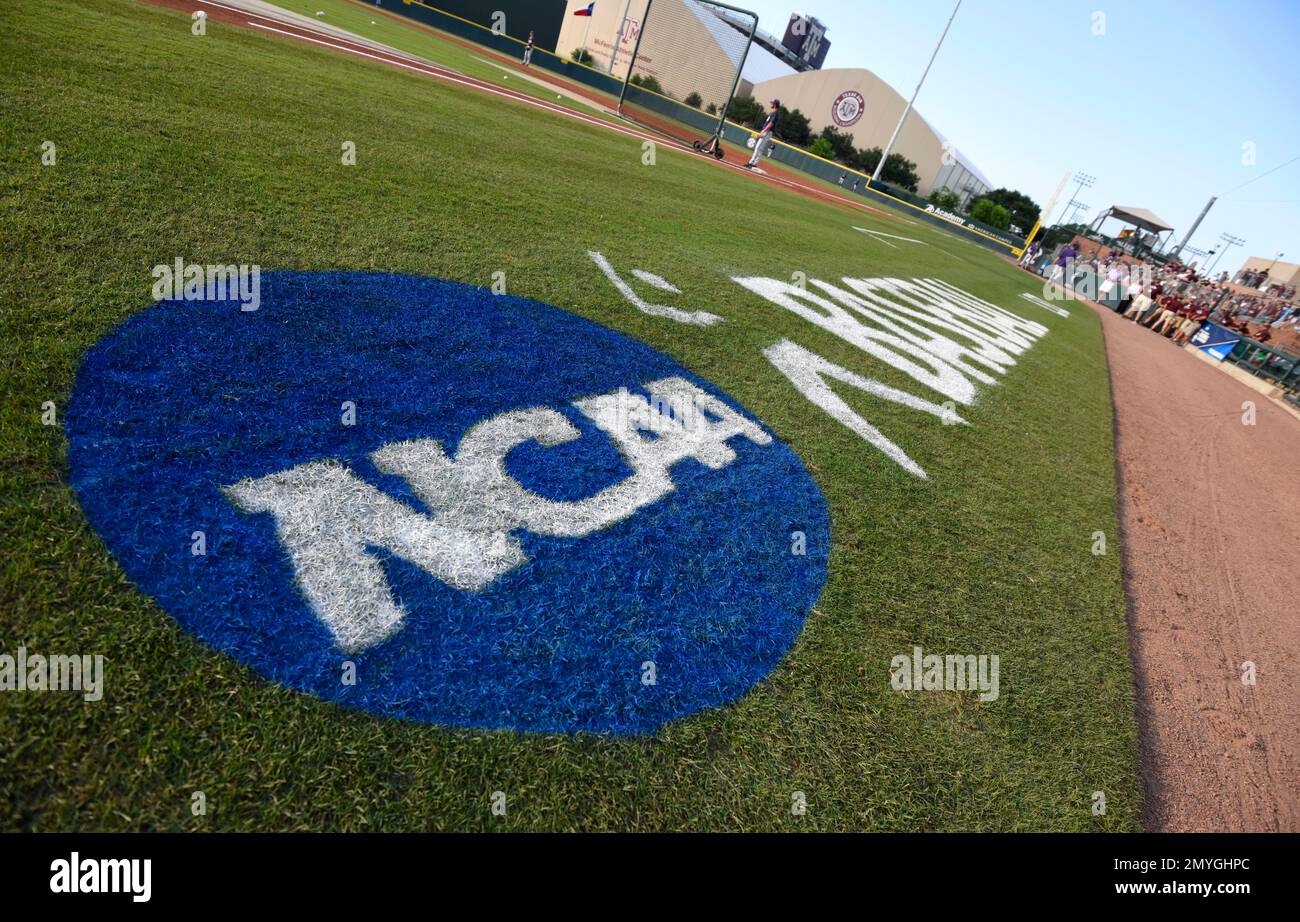 The NCAA logo is painted alongside the visitor dugout at Olsen Field ...