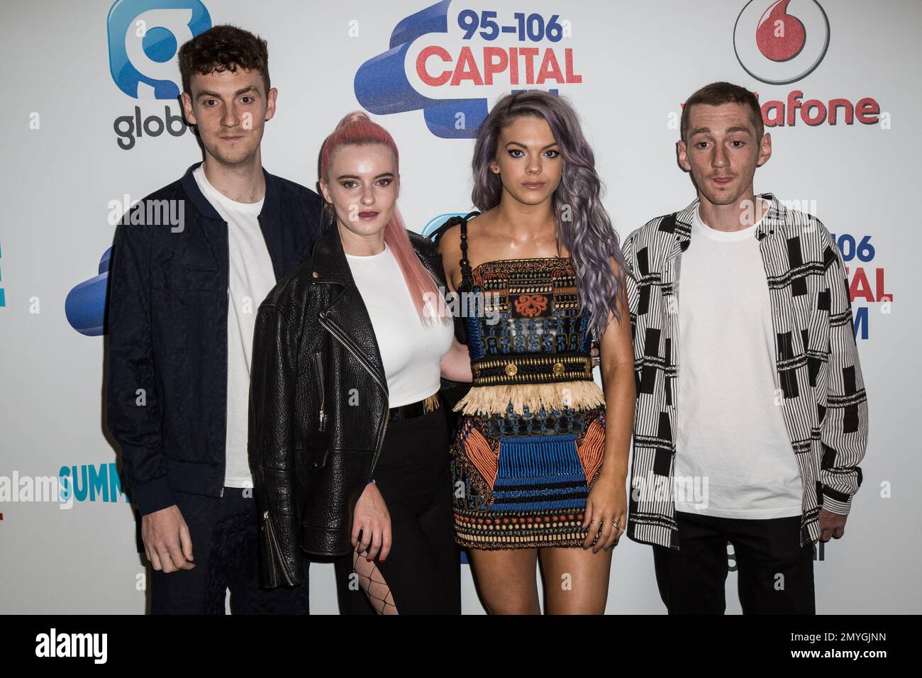Band members of music group Clean Bandit and Louisa Johnson, third left ...