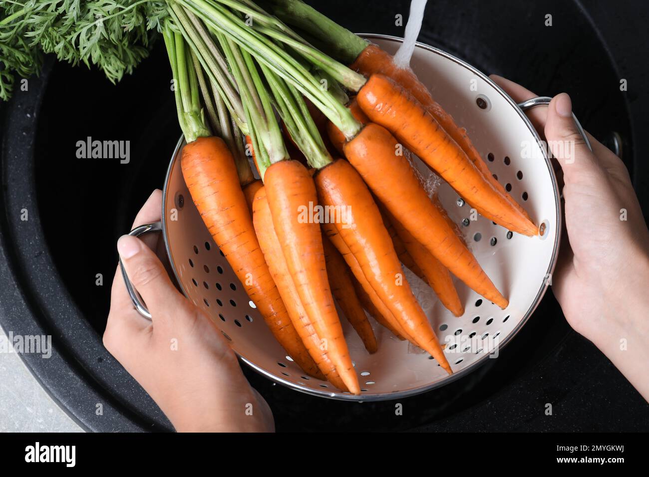 Woman washing ripe carrots in colander with running water over sink ...