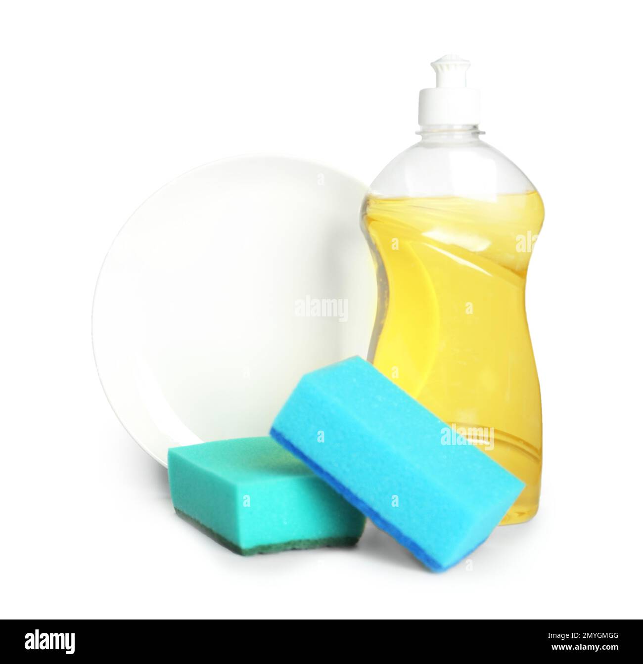 Detergent, plate and sponges on light background, space for text. Clean ...
