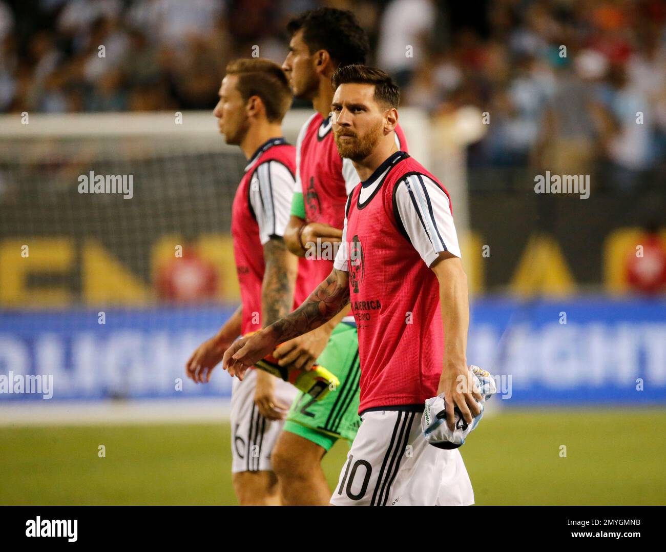 Argentina's Lionel Messi (10) walks off the field after the first half ...