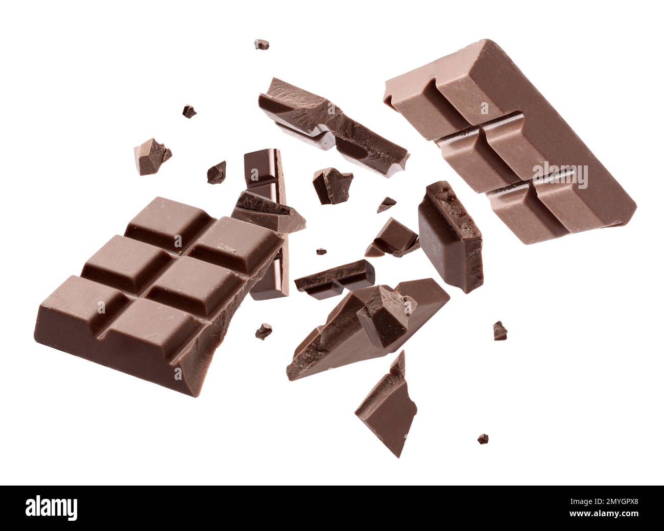Milk chocolate pieces falling on white background Stock Photo - Alamy