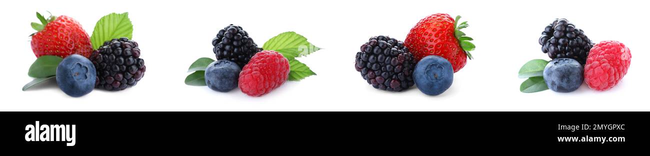 Set of different mixed berries on white background, banner design Stock ...
