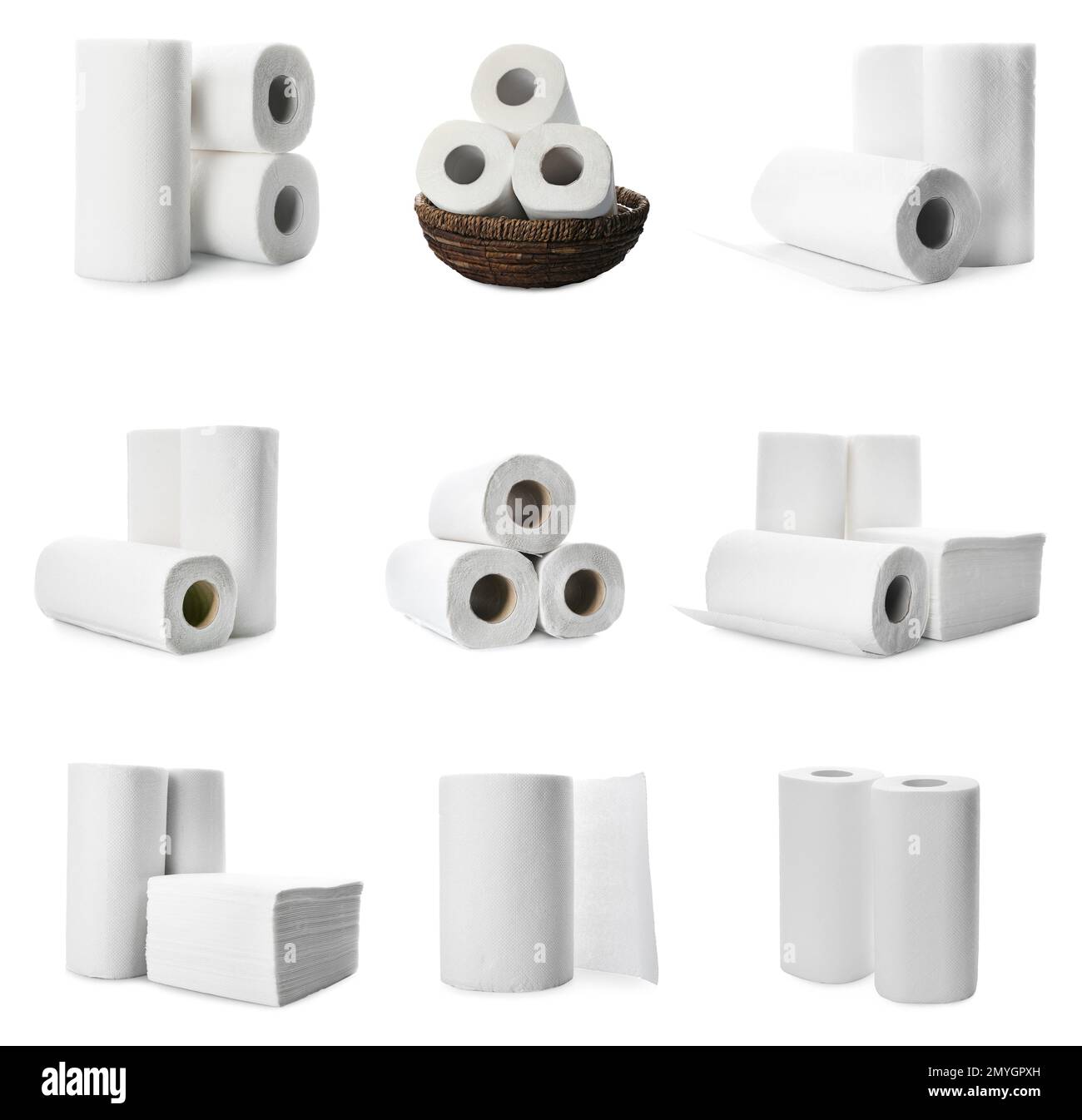 Set with rolls of paper tissues isolated on white Stock Photo - Alamy