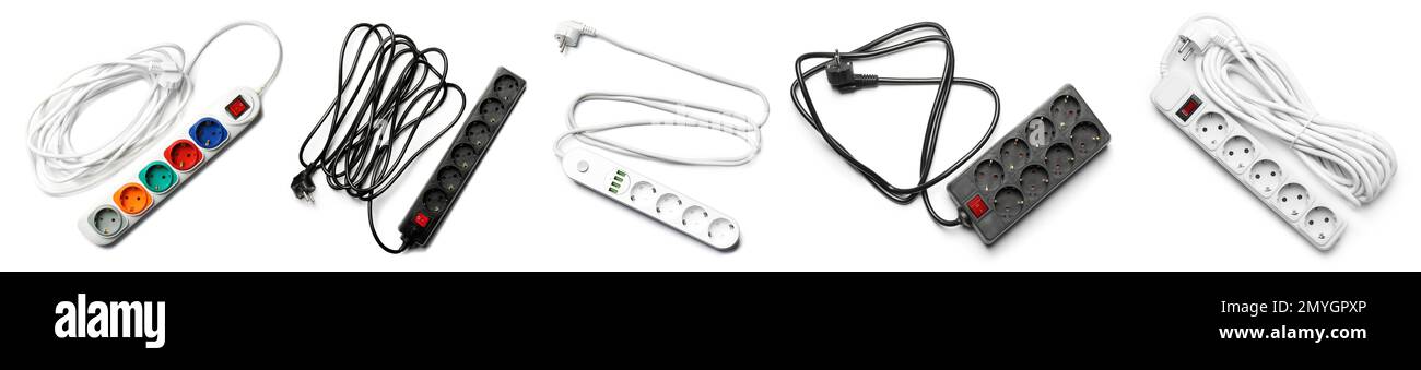 Set of different power boards on white background, top view ...