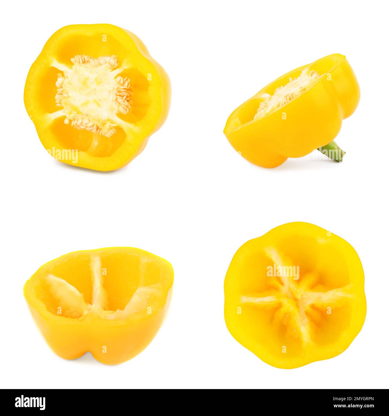 Set of fresh cut yellow bell peppers isolated on white Stock Photo - Alamy