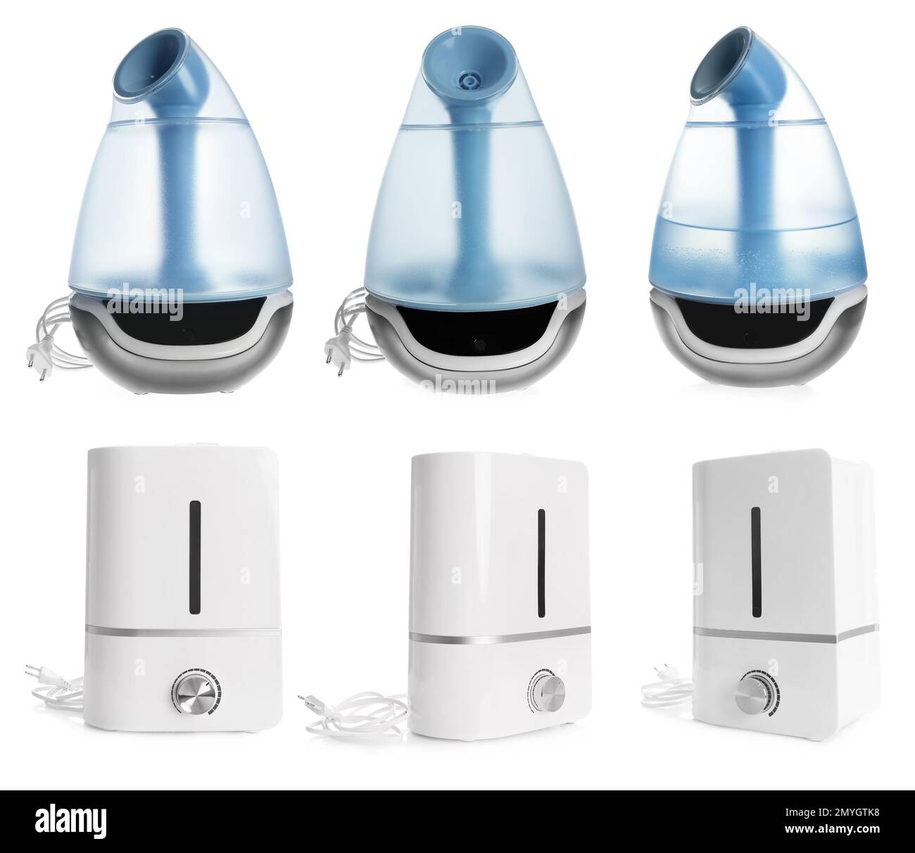 Collage with two modern air humidifiers on white background, view from ...