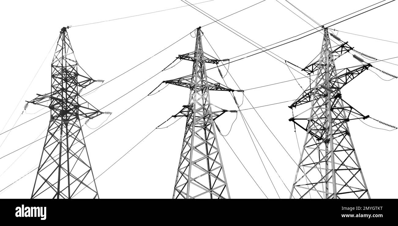 Collage with high voltage towers isolated on white. Electric power ...