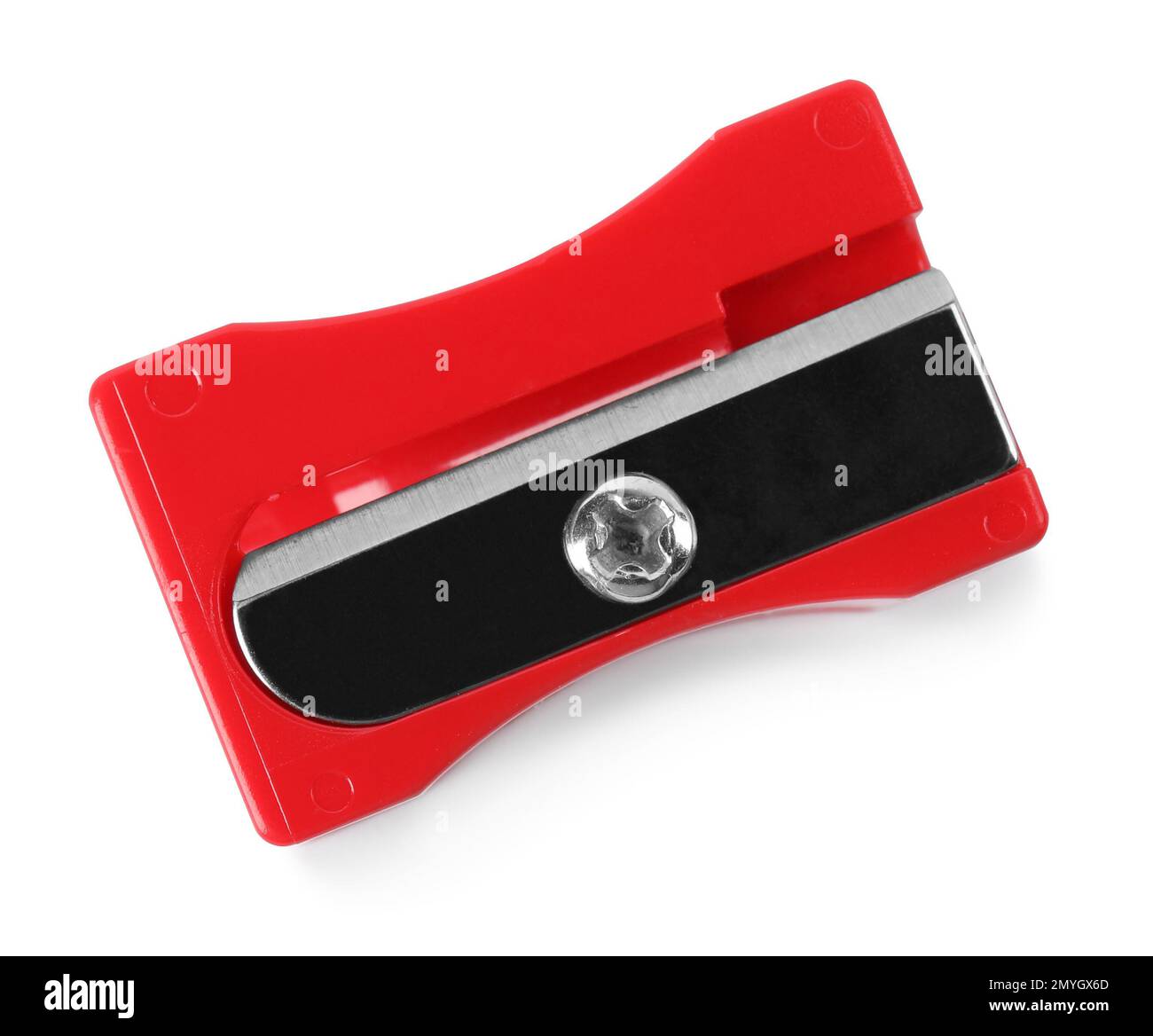 Bright red pencil sharpener isolated on white, top view. School ...