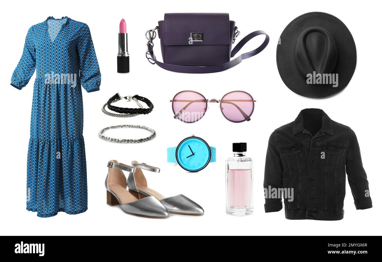 Stylish outfit. Collage with dress, denim jacket, shoes, accessories ...