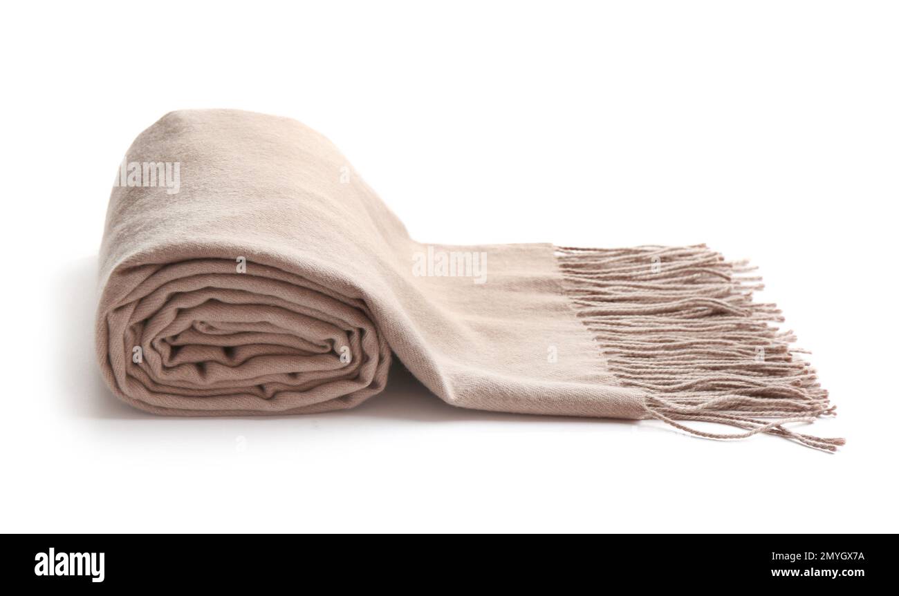 Stylish rolled scarf on white background. Winter clothing Stock Photo ...