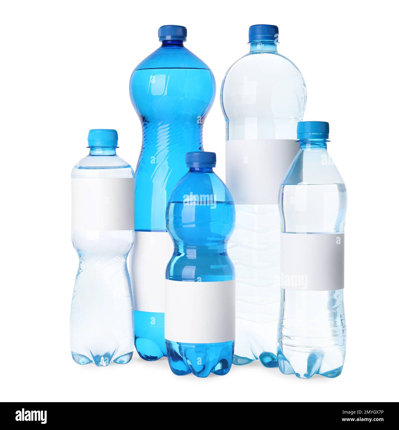 Bottles of pure water with blank labels on white background Stock Photo ...