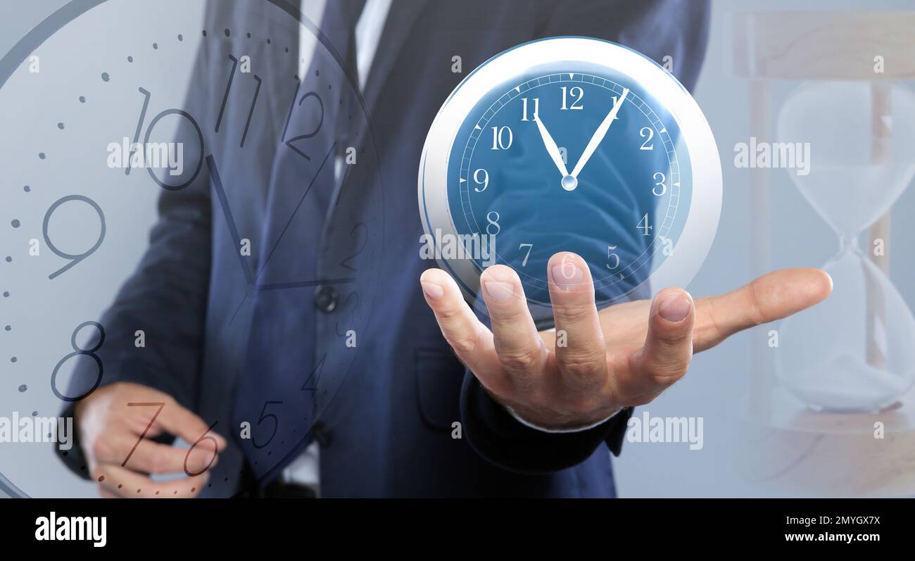 Time management concept. Multiple exposure with man and clocks, closeup ...