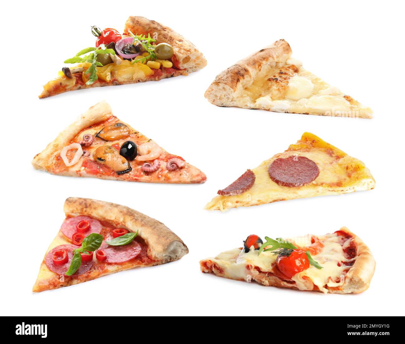 Set with pieces of different pizzas on white background Stock Photo - Alamy