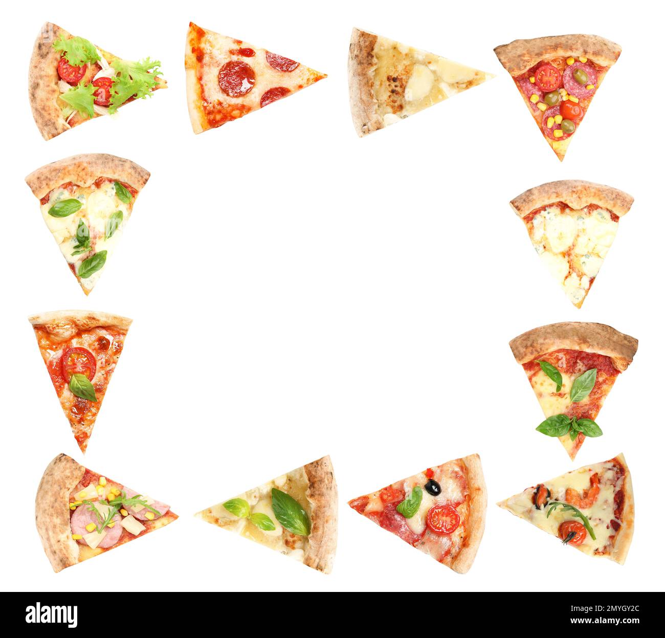 Frame of pizza pieces on white background Stock Photo - Alamy