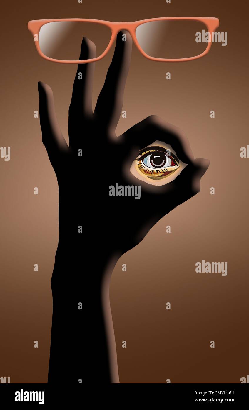 The OK sign with fingers, an eye and a pair of eyeglasses are seen ...