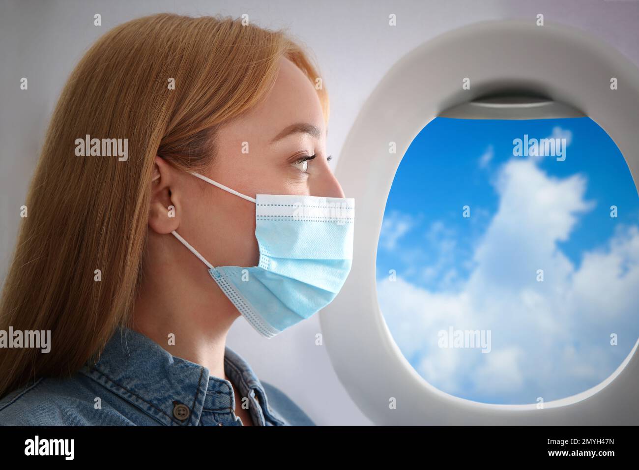 Traveling by airplane during coronavirus pandemic. Woman with face mask ...