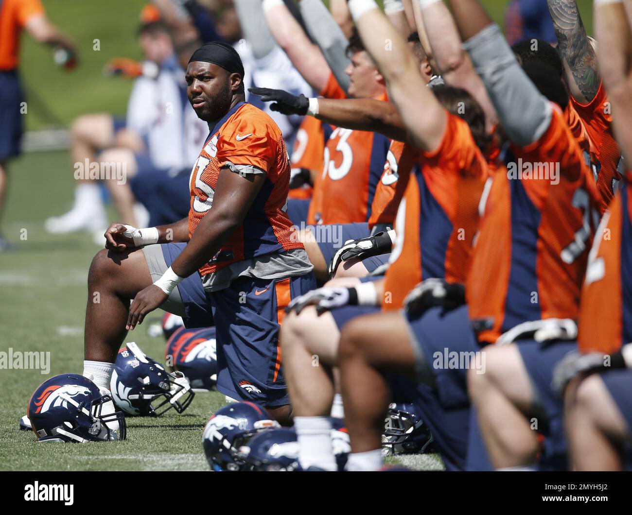 Denver Broncos tackle Russell Okung during an NFL football practice at ...