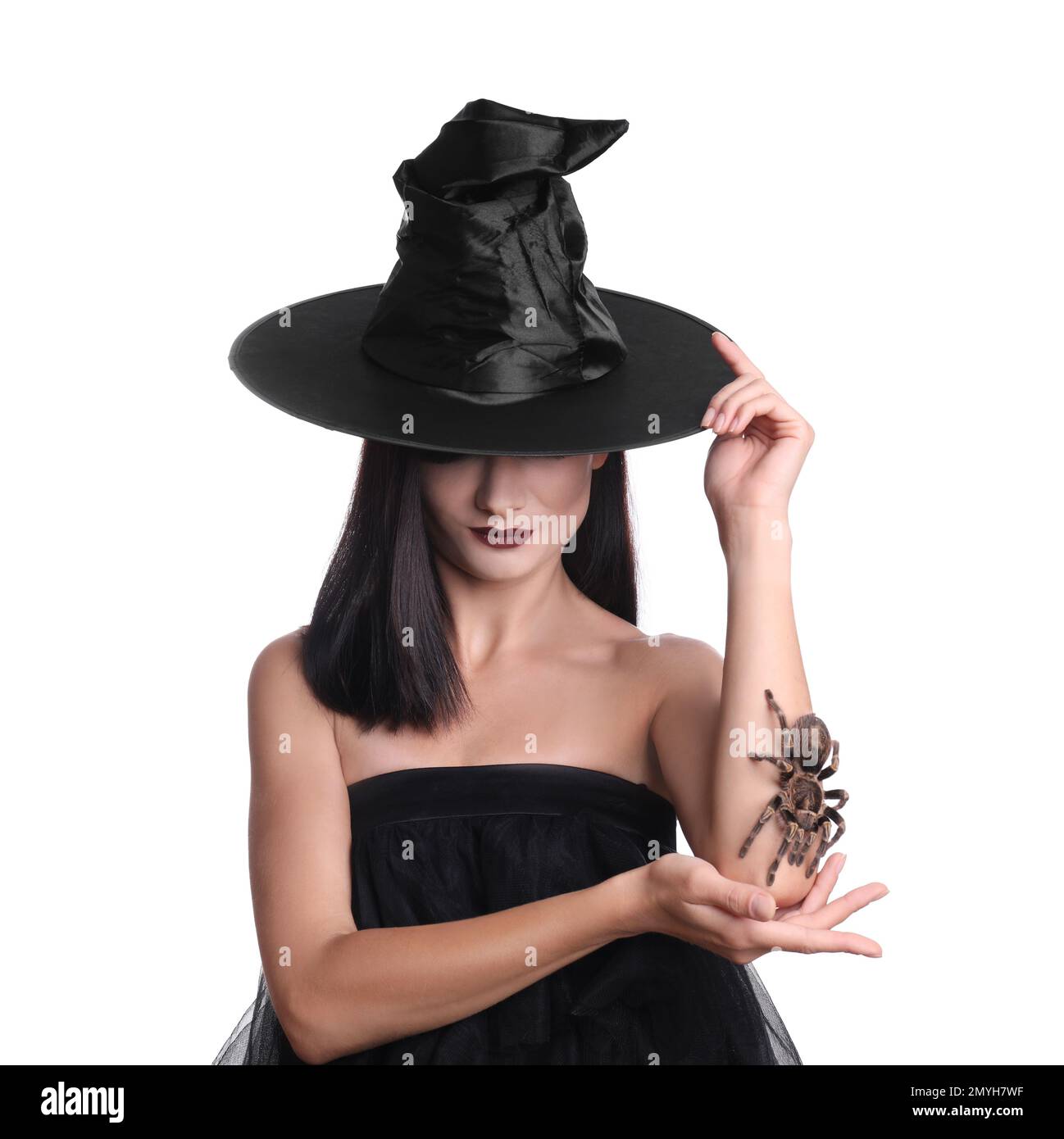 Mysterious witch in hat with spider on white background Stock Photo - Alamy