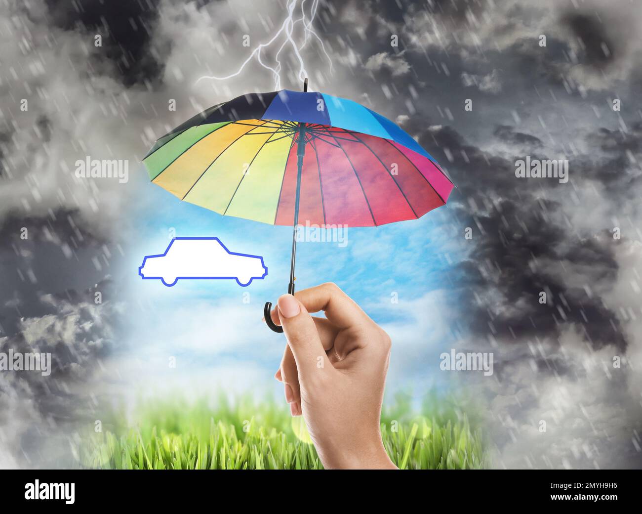Insurance concept. Woman protecting car illustration with rainbow ...