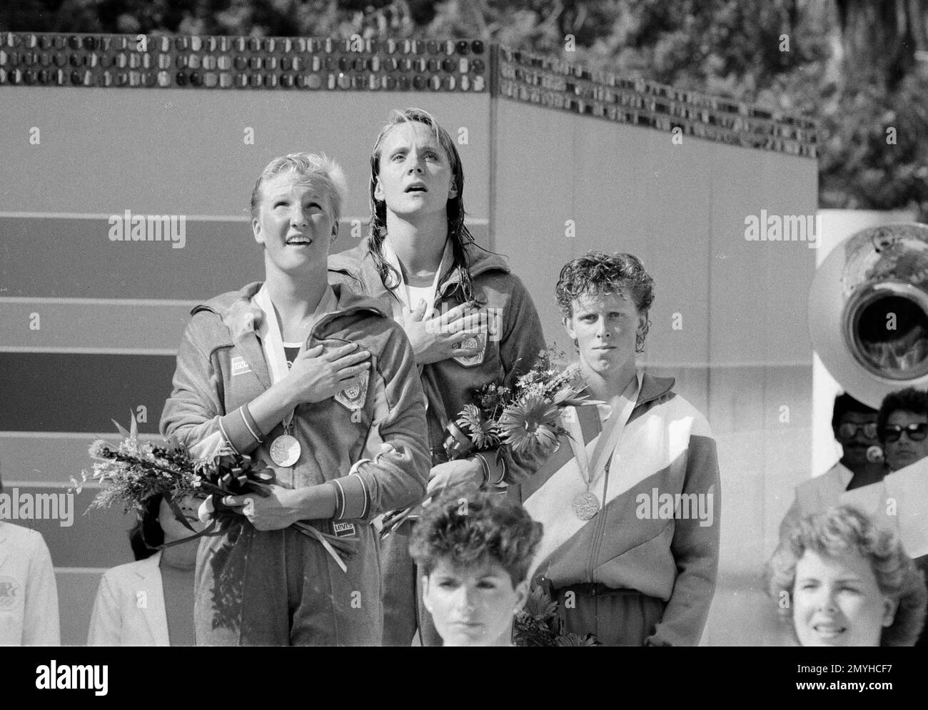 Gold medal winner Nancy Hogshead of the United States, center, is ...