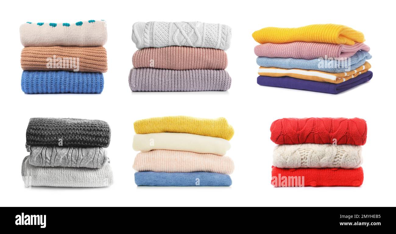 Set of folded and stacked sweaters on white background. Banner design ...
