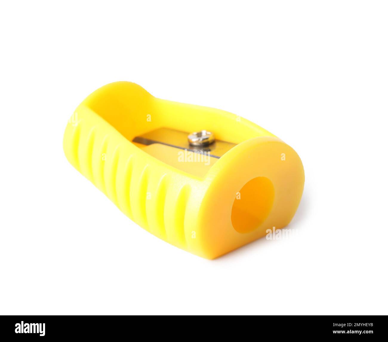 Bright yellow pencil sharpener isolated on white. School stationery ...