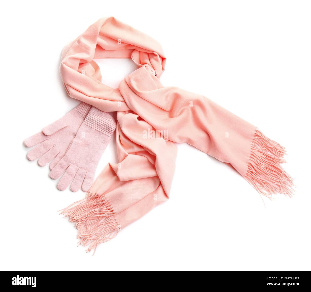 Stylish scarf and gloves on white background. Winter clothing Stock ...
