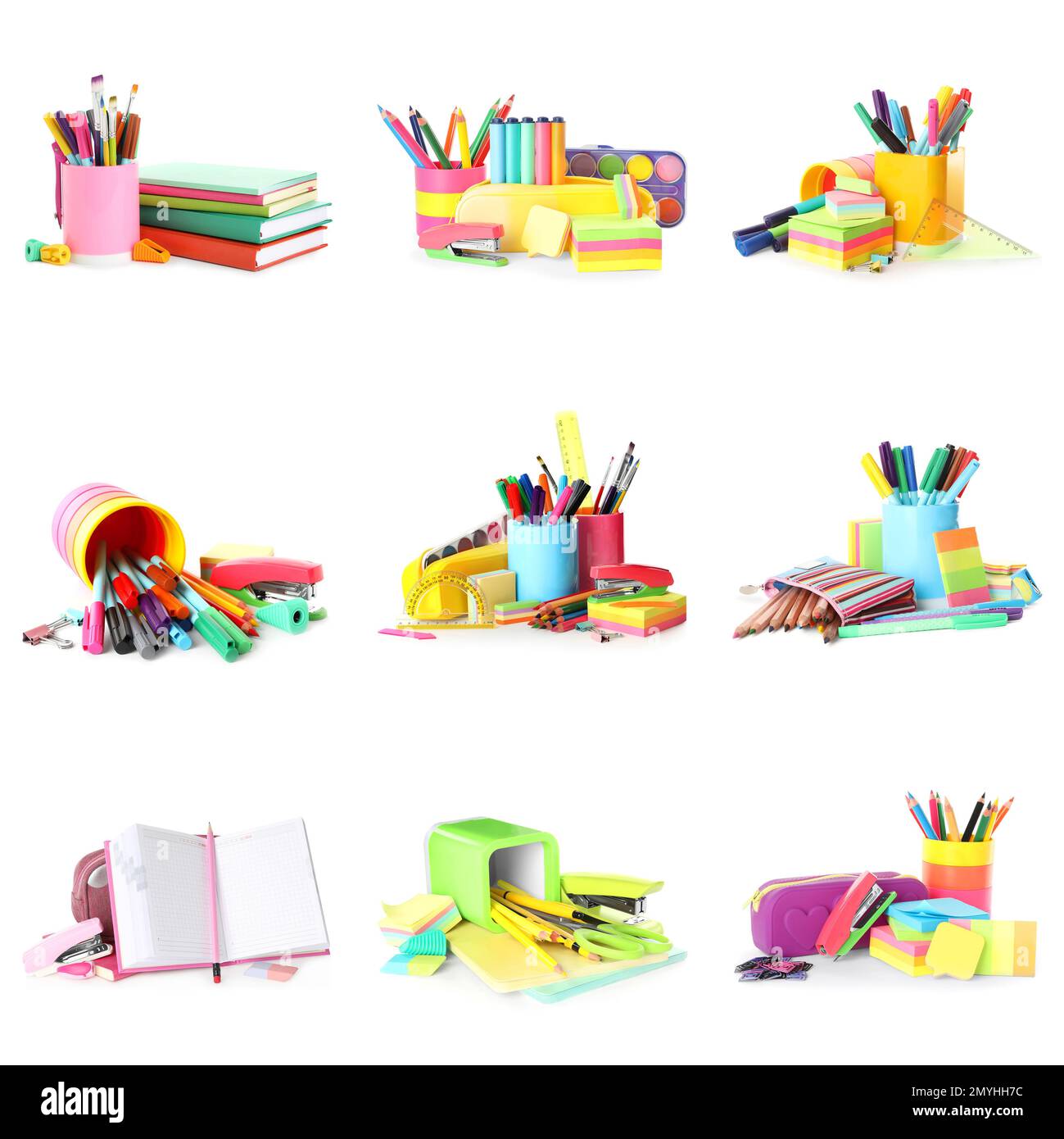 Set of bright school stationery on white background Stock Photo - Alamy