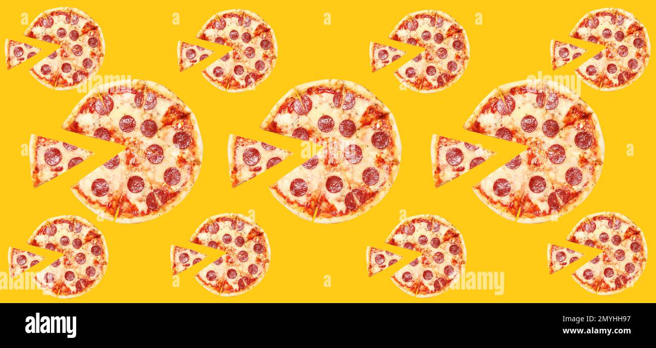 Pepperoni pizza pattern design on yellow background Stock Photo - Alamy