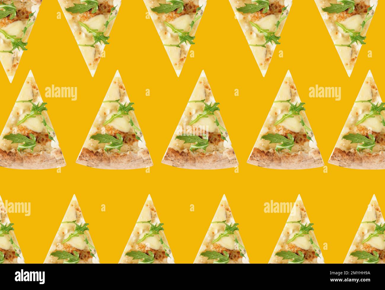 Cheese pizza slices on yellow background. Pattern design Stock Photo ...