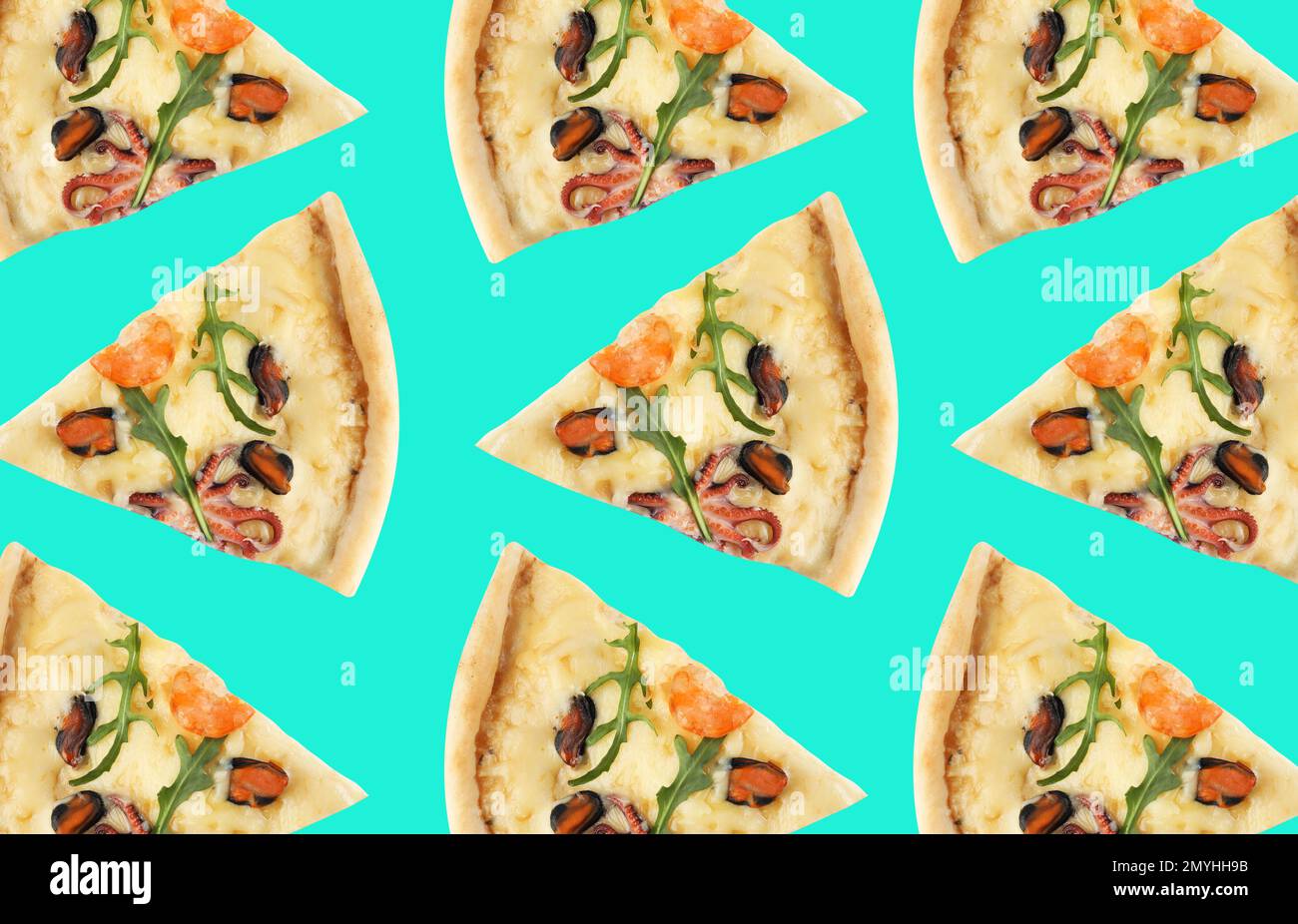 Seafood pizza slices on turquoise background. Pattern design Stock ...