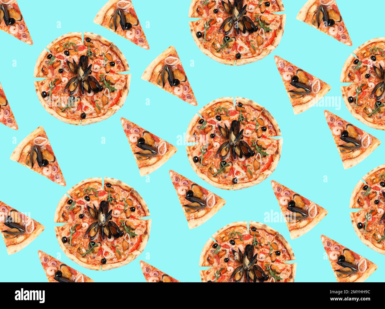Seafood pizza pattern design on light blue background Stock Photo - Alamy