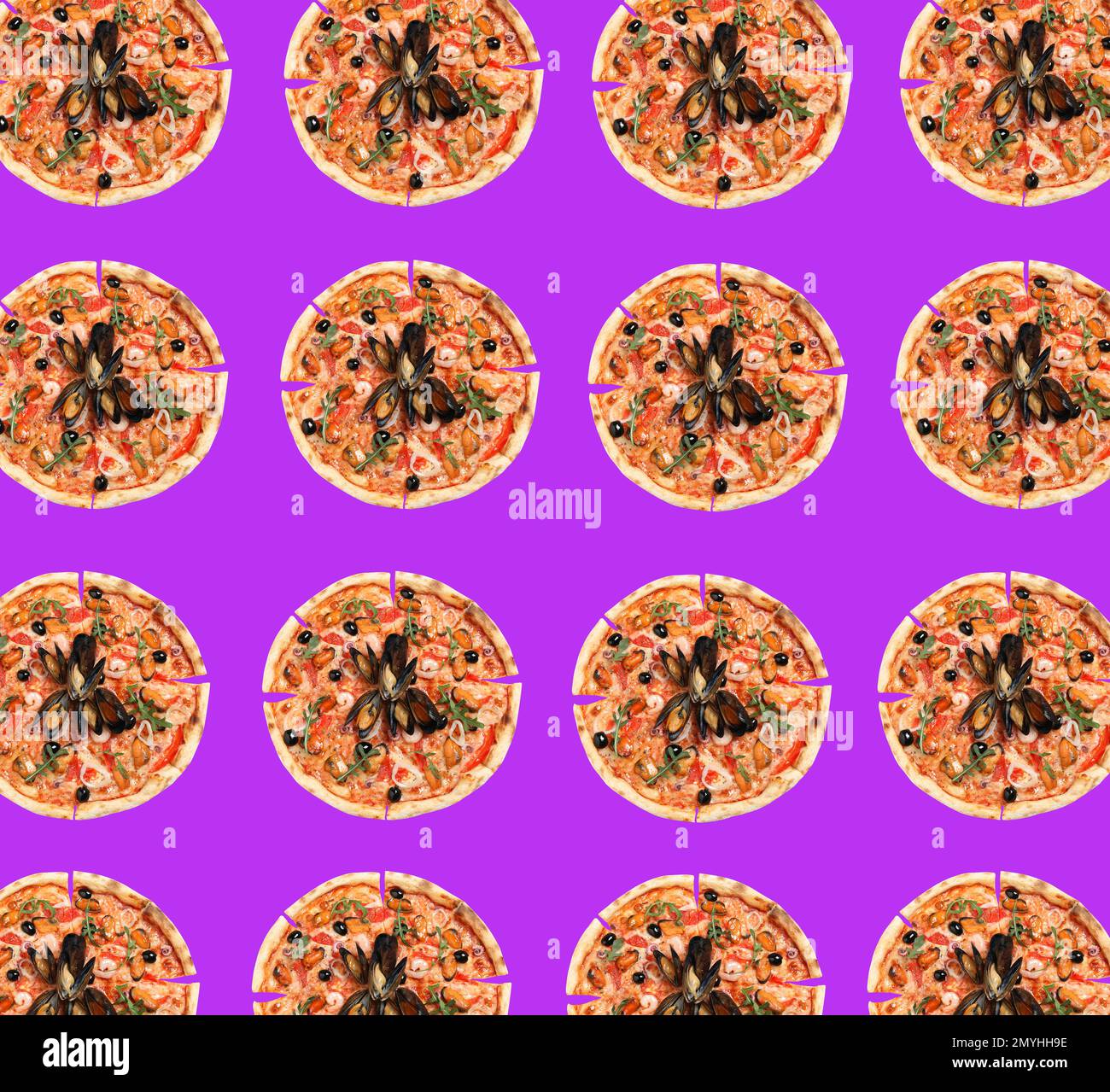 Seafood pizza pattern design on violet background Stock Photo - Alamy