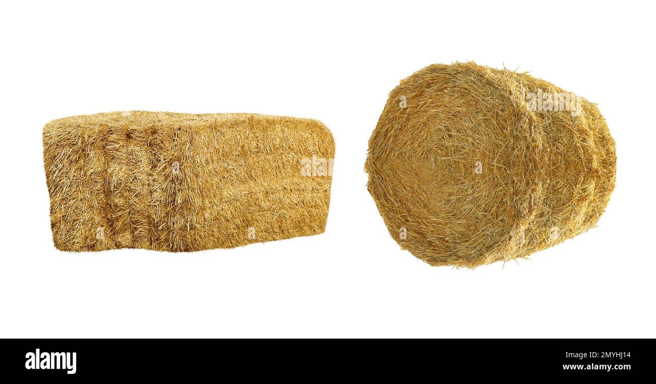 Set of hay bales on white background. Agriculture industry Stock Photo ...