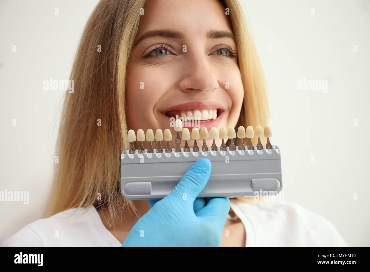 Doctor matching patient's teeth color with palette on white background ...