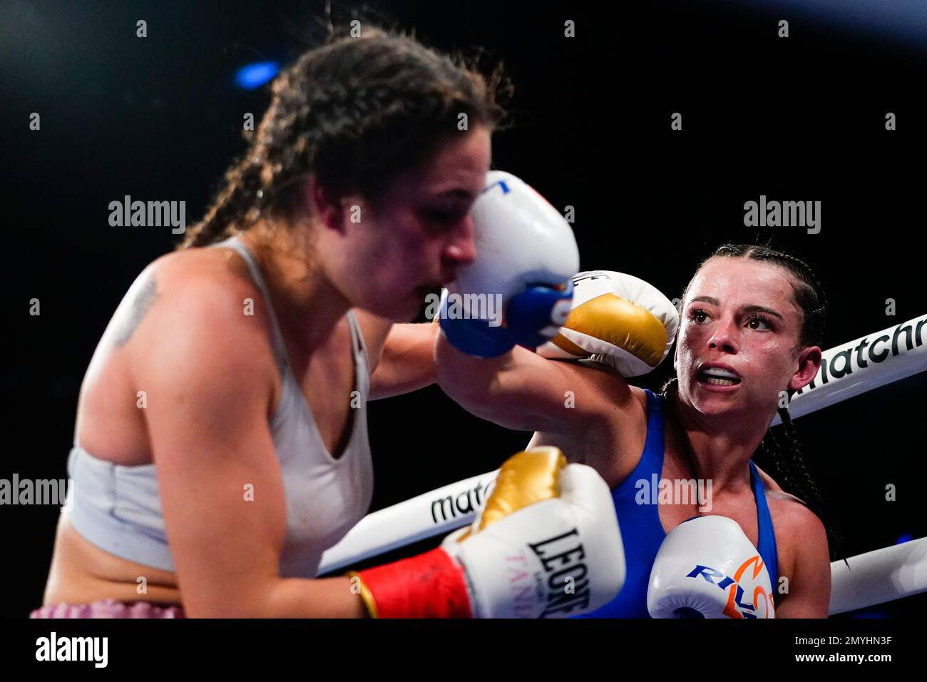 Australia's Skye Nicolson, right, punches Spain's Tania Alvarez during the ninth round of a ...
